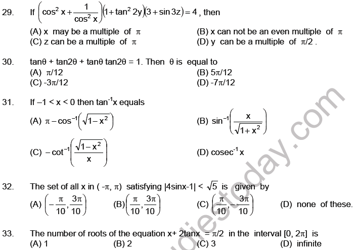 JEE Mathematics Trigonometric Functions MCQs Set B with Answers